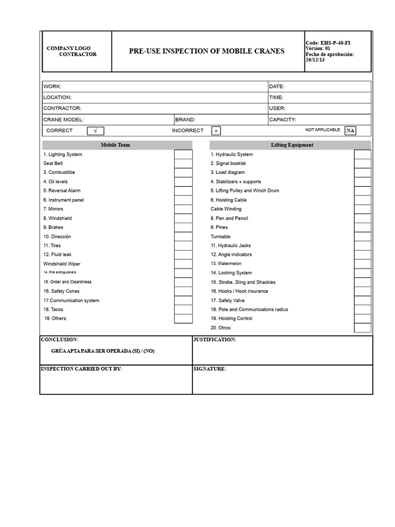 Mobile Crane Pre-Use Inspection Checklist | PDF | Crane (Machine ...