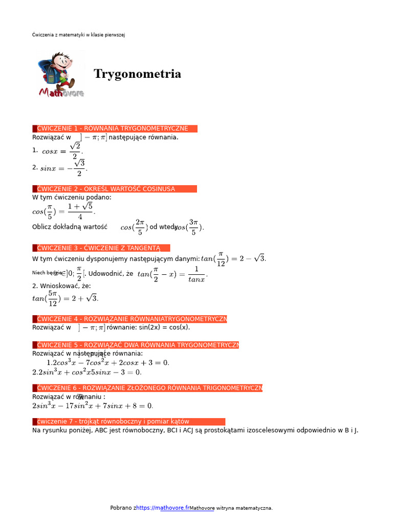 Trygonometria Zadania Matematyczne W 1kl 398 | PDF