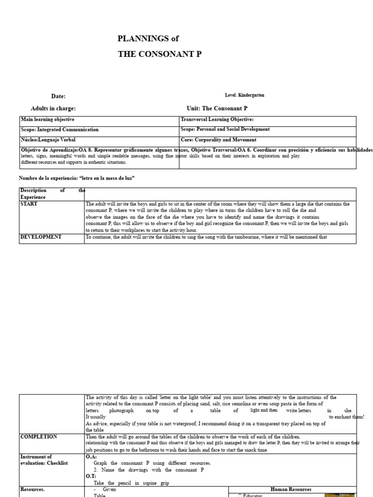 Planning For Kindergarten Level of The Consonant P | PDF | Sodium ...