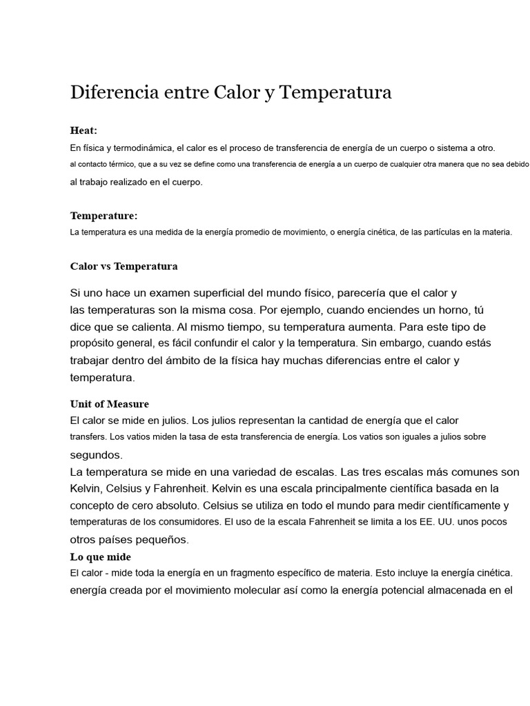Calor y Temperatura: Diferencias Clave | PDF | Temperatura | Calor
