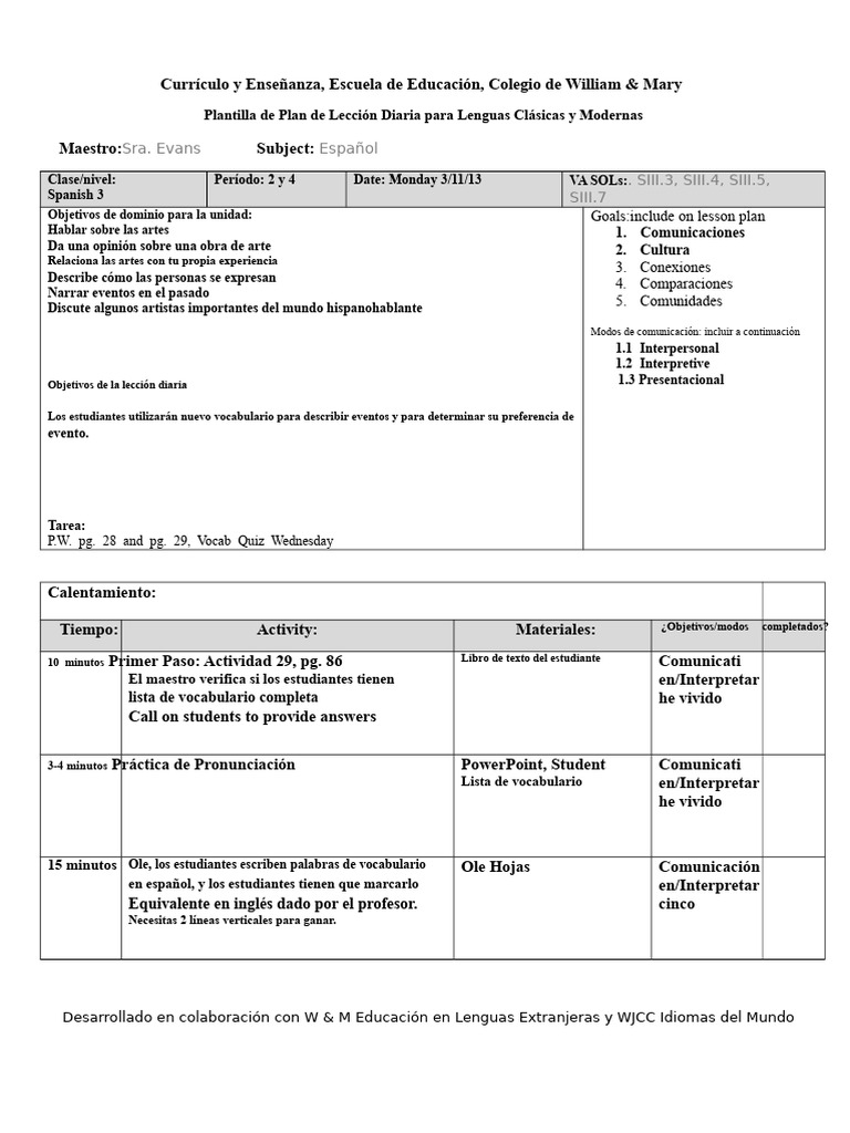 Plan de Lección: Español 3 Artes | PDF | Lingüística | Comunicación humana