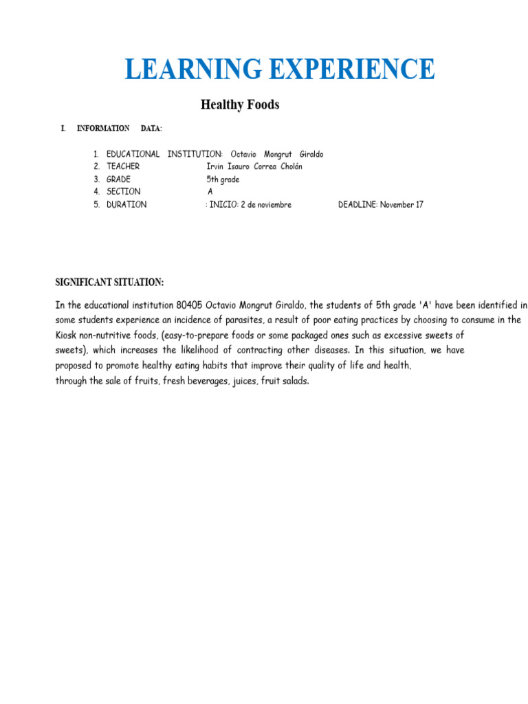 Learning Experience Food | PDF | Healthy Diet | Foods