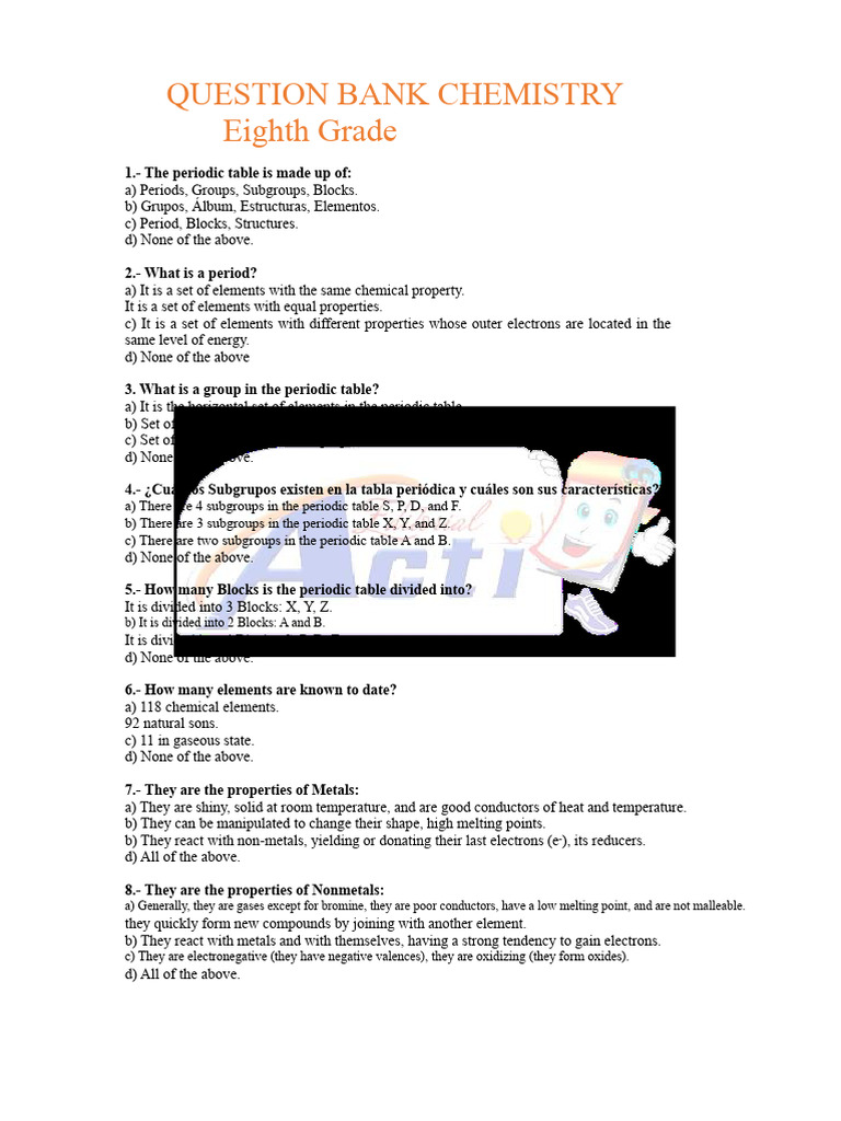 Chemistry Question Bank 4TH Year of High School | PDF | Atoms | Proton