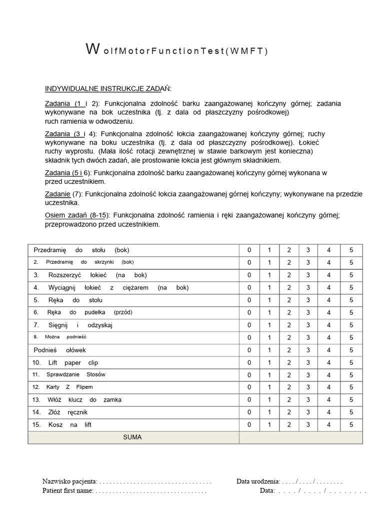 Test Funkcji Motorycznych Wilka (WMFT) | PDF