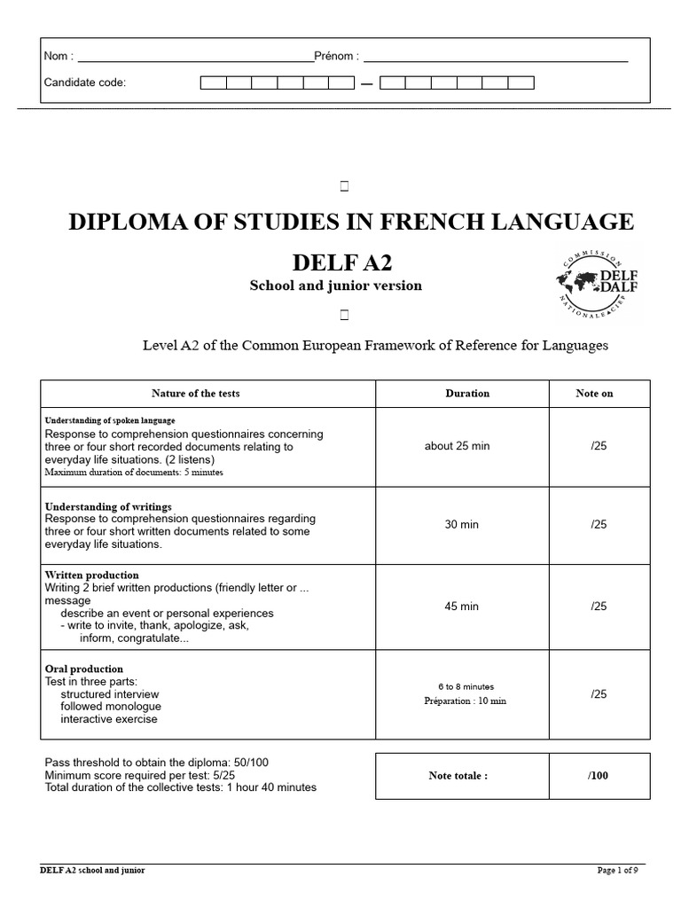 DELF A2 French Language Exam Guide | PDF