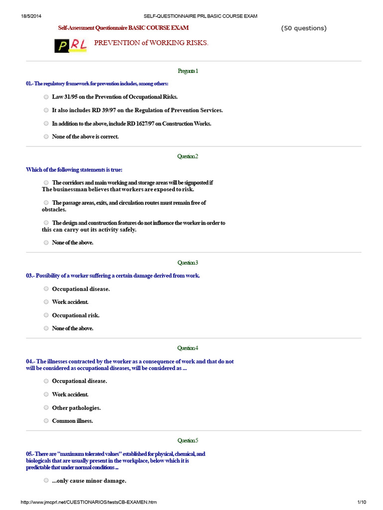 Self-Assessment Questionnaire Occupational Risk Prevention Basic Course ...