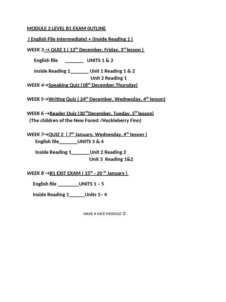 B1 Exam Outline: English File & Reading | PDF