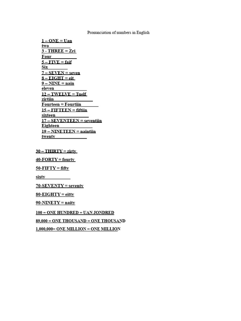 Pronunciation of Numbers, Days, and Months in English. | PDF