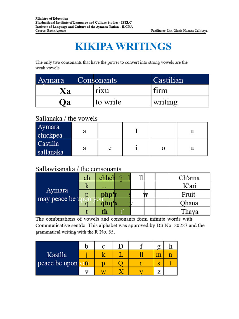 Class No. 1. BASIC AYMARA - ACCELERATED | PDF | Spanish Language | Alphabet