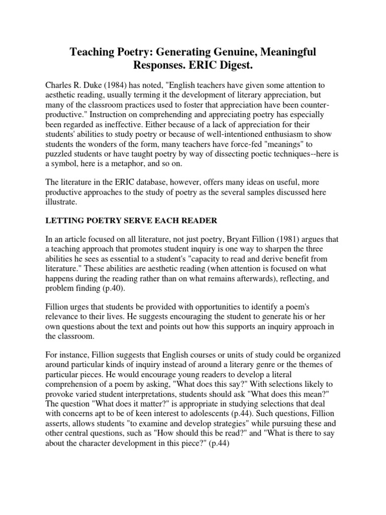 Teaching Poetry: Generating Genuine, Meaningful Responses. ERIC Digest ...