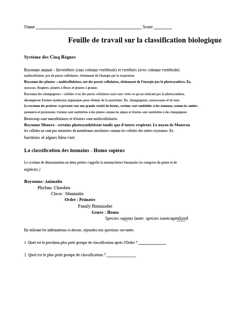 Classification des êtres vivants et objets | PDF | Cellule (Biologie ...