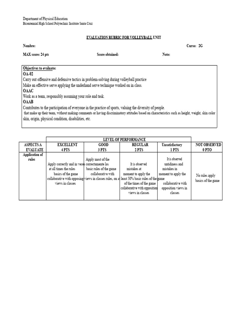 Volleyball Evaluation Rubric | PDF