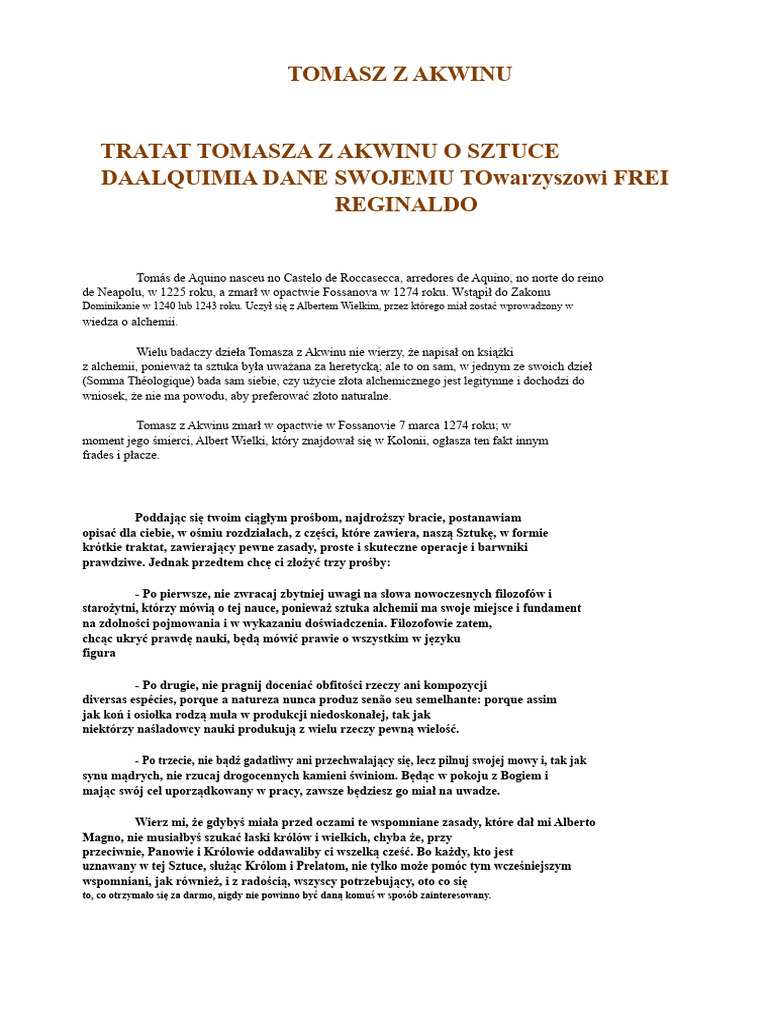 TOMASZ Z AKWINU - Traktat o Alchemii | PDF