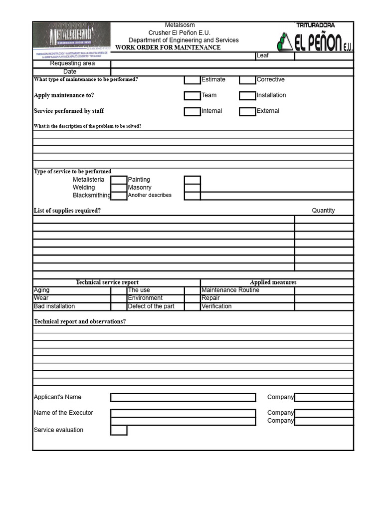 Maintenance Work Order for Metalsosm | PDF