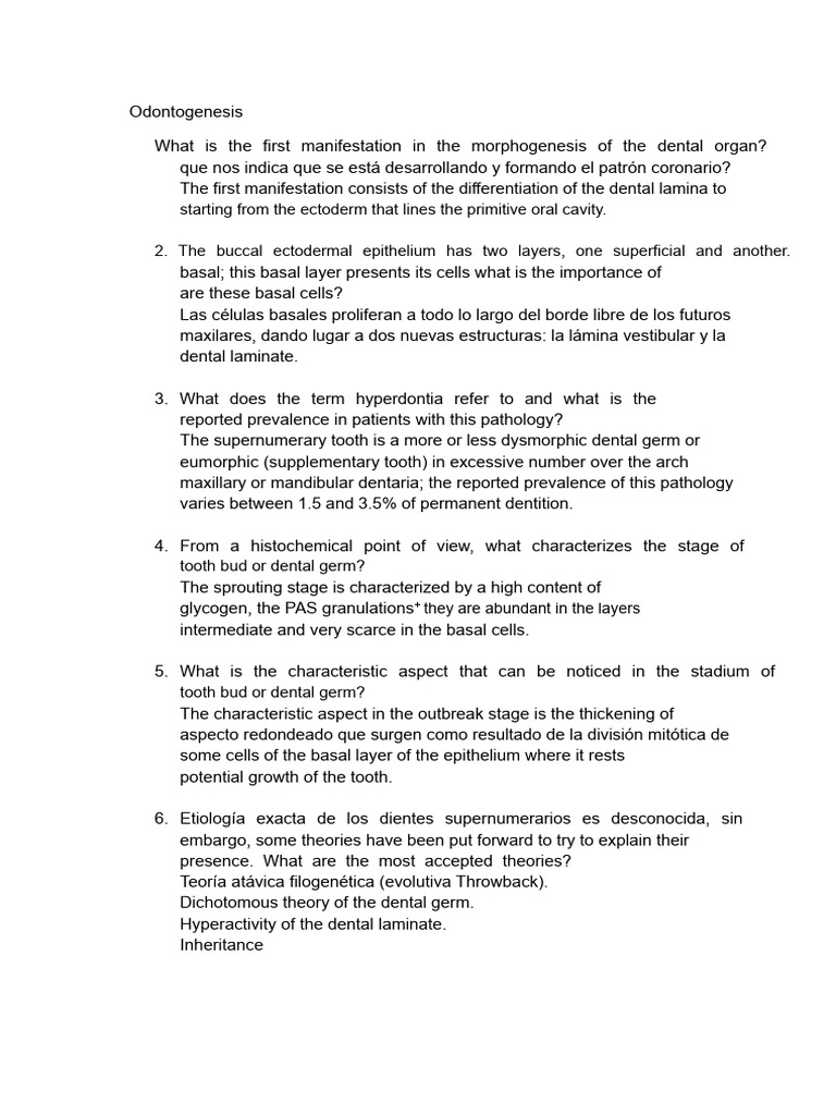 Odontogenesis Questionnaire | PDF | Tooth | Dental Anatomy