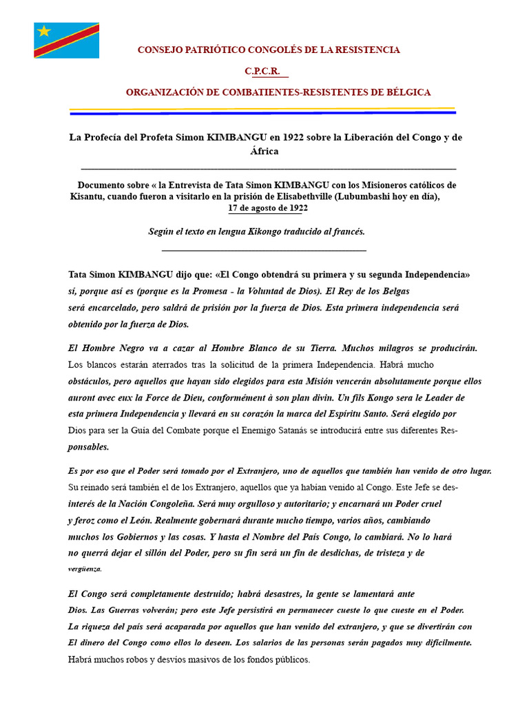 Profecía de Tata Simón Kimbangu | PDF | República Democrática del Congo ...