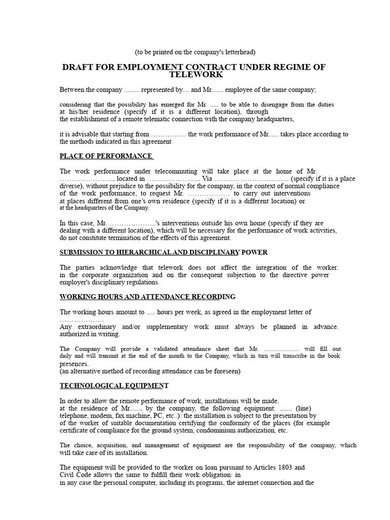 Draft For Employment Contract Under Regime of Telework | PDF ...