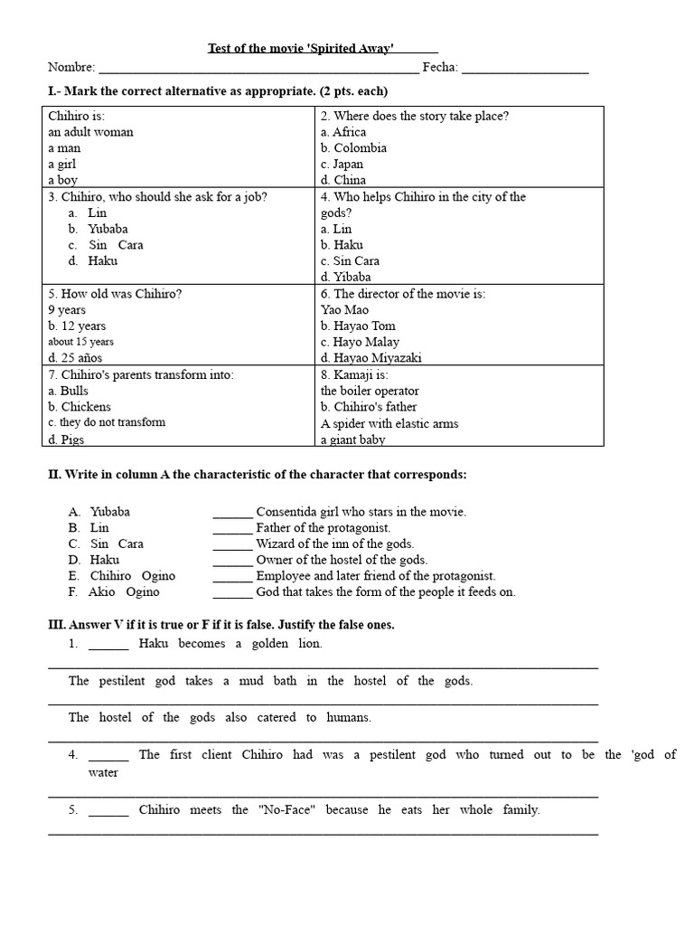 Spirited Away Movie Test Questions | PDF