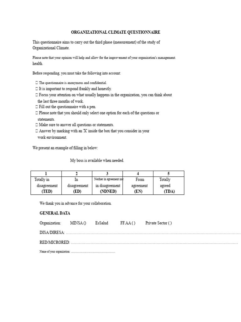 ORGANIZATIONAL CLIMATE QUESTIONNAIRE - Doc - MINSA | PDF ...