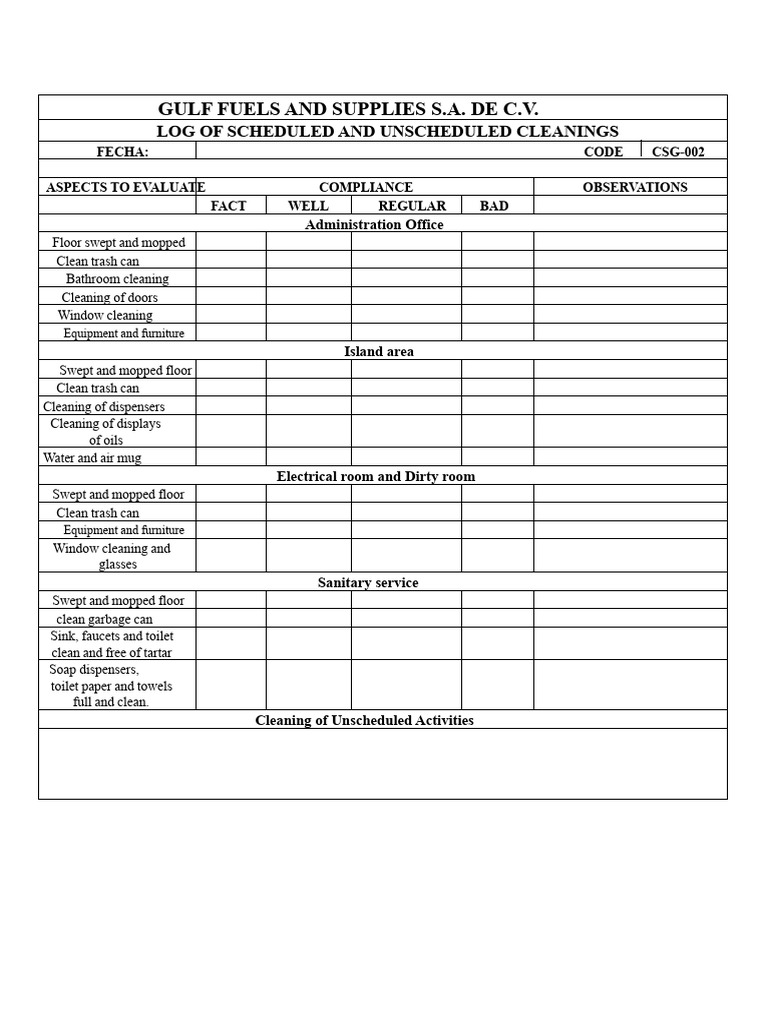 Cleaning Log Format | PDF