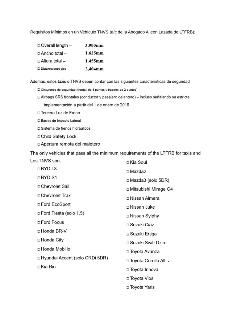 Requisitos TNVS para Vehículos en Filipinas | PDF | Coche | Vehículo de ...