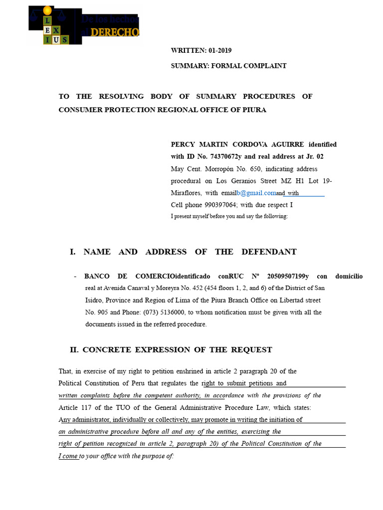 Model of Complaint To Indecopi For Excess Payments | PDF | Credit ...