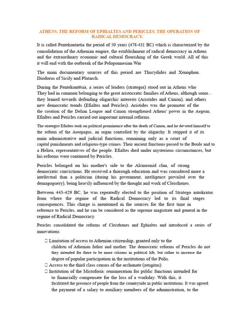 Athens. The Reform of Ephialtes and Pericles. The Operation of Radical ...