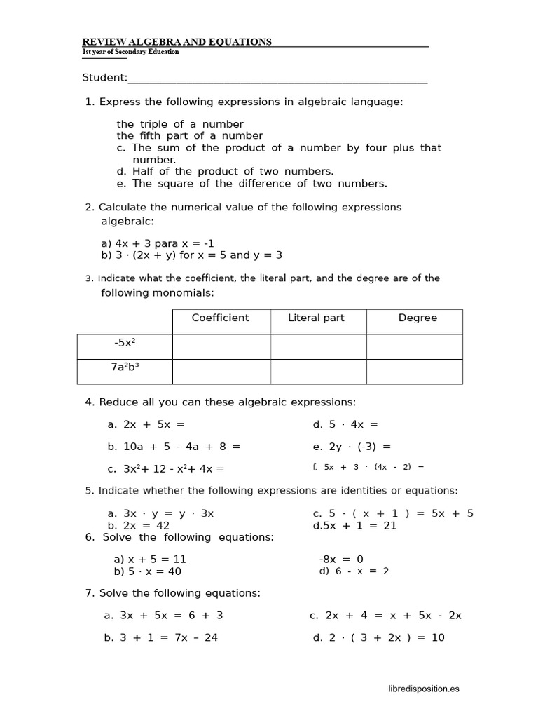 Algebra and Equations Review 1st Year of Compulsory Secondary Education ...