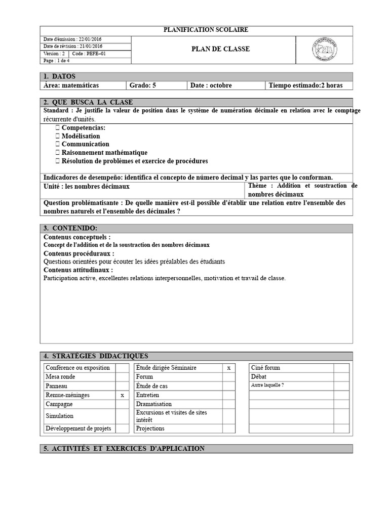 Plan de classe : Nombres décimaux en 5e | PDF | Décimal | Entier naturel
