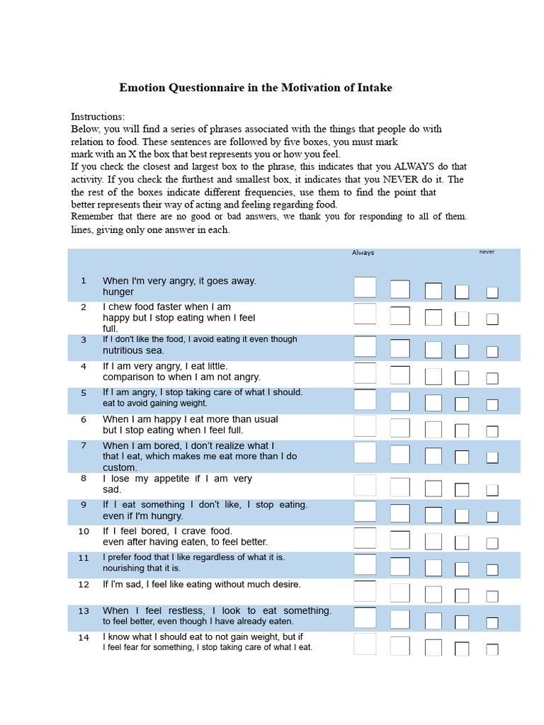 Questionnaire On Emotions in The Motivation of Intake | PDF | Emotions ...