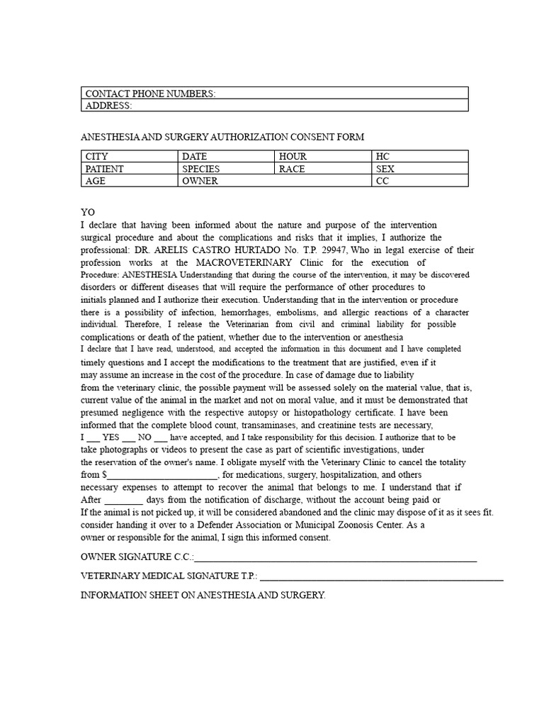 Anesthesia and Surgery Authorization Consent Form | PDF | Surgery ...
