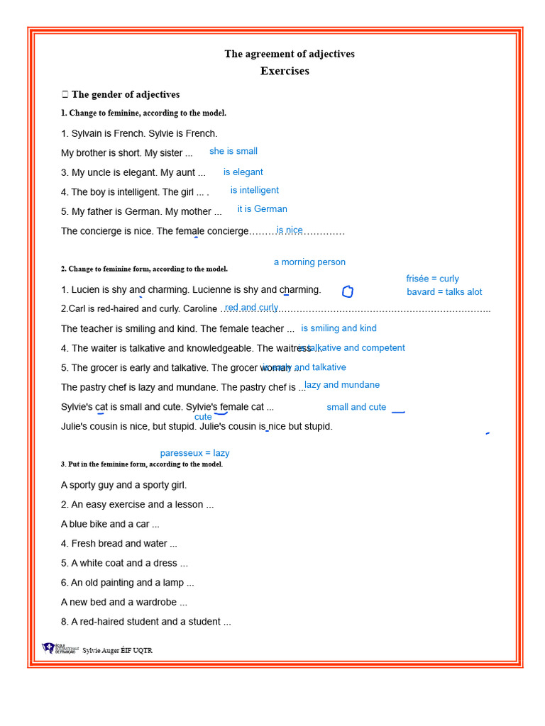 The Gender and Plural of Adjectives Exercises and Corrections | PDF ...