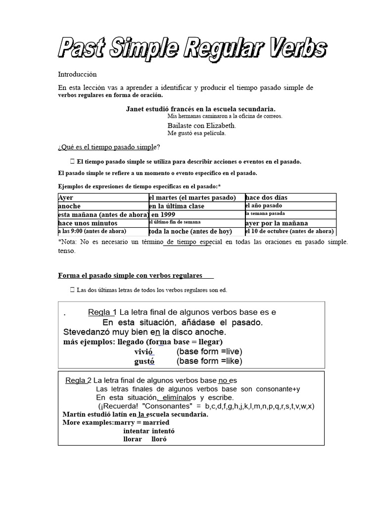 Hoja Informativa Sobre Los Verbos Regulares en Pasado Simple | PDF ...