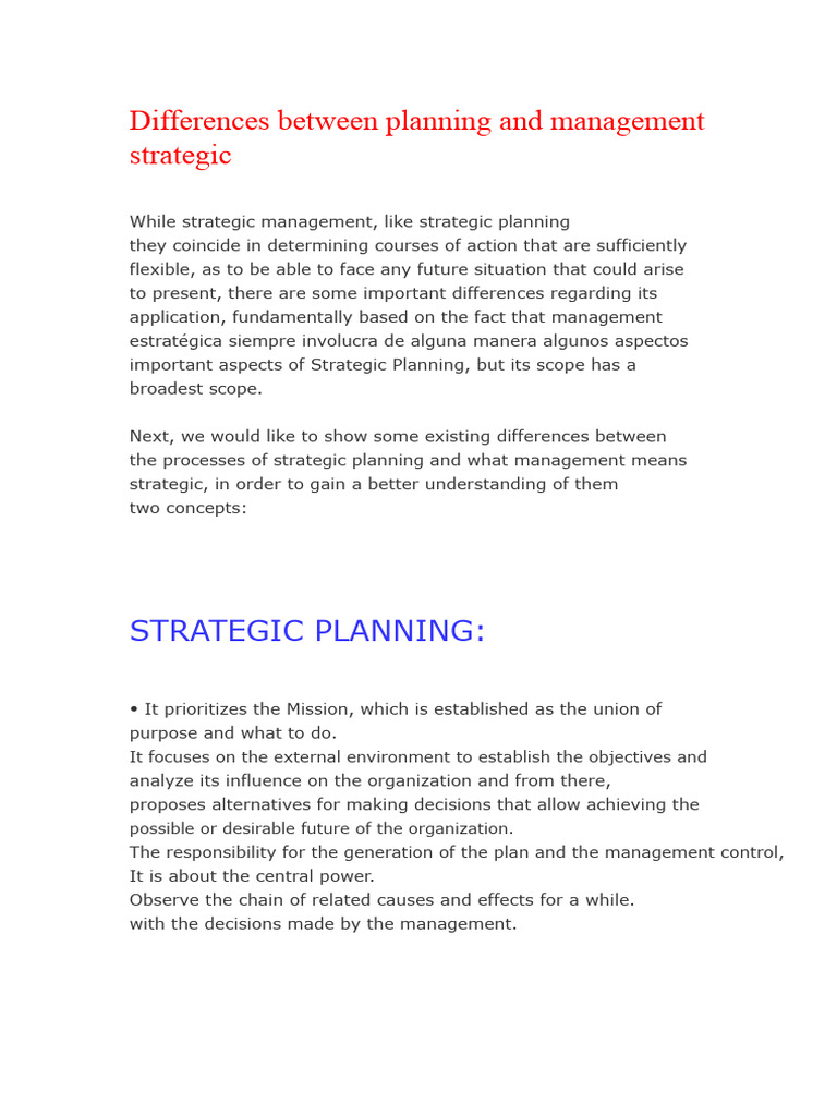 Differences Between Planning and Strategic Management | PDF | Strategic ...