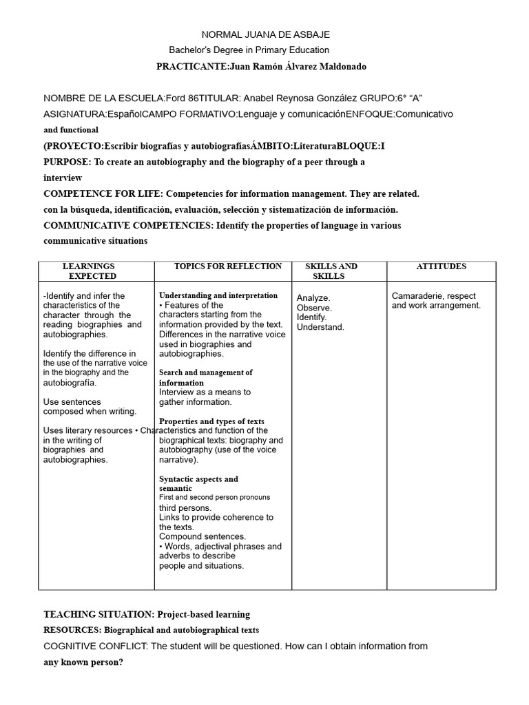 Planning Spanish Project: Writing A Biography and Autobiography. | PDF ...