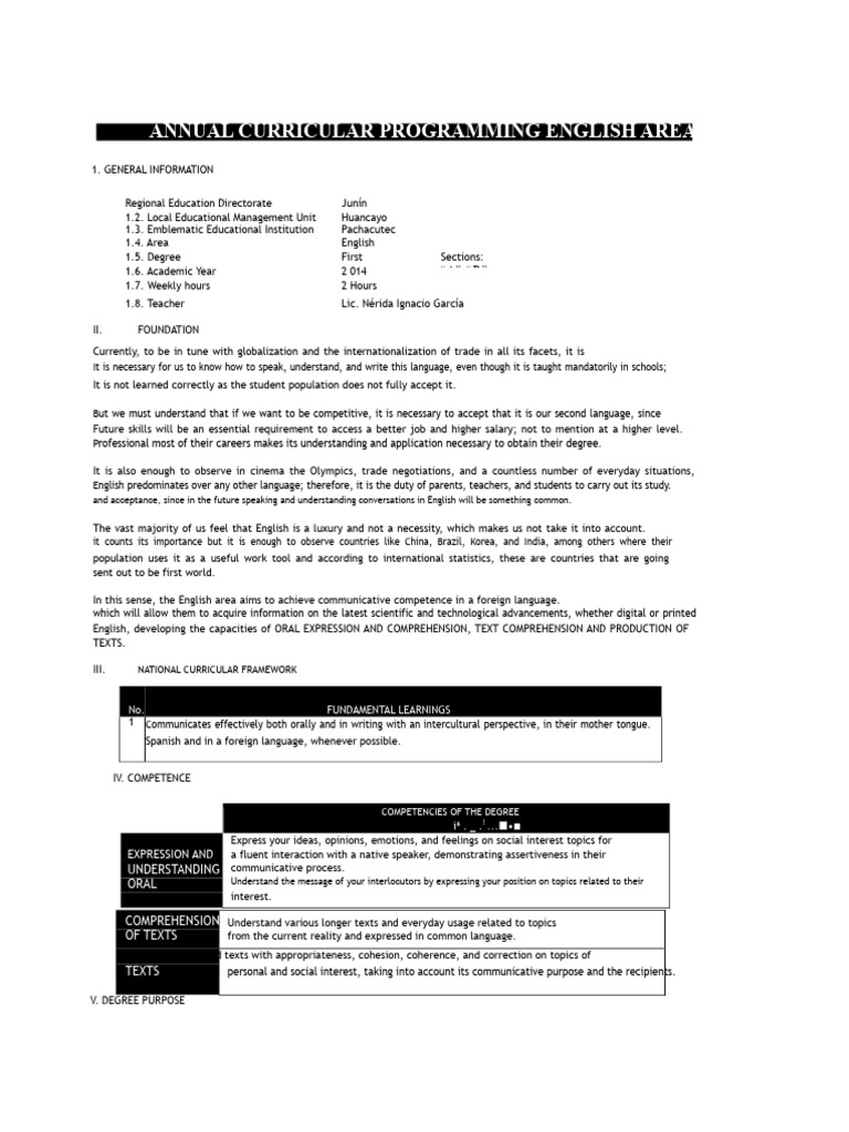 Annual Curriculum Programming English Area | PDF | Curriculum | English ...