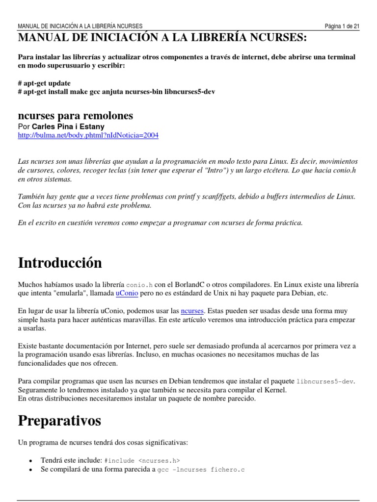 Ncurses | PDF | Biblioteca (informática) | Puntero (Programación de ...