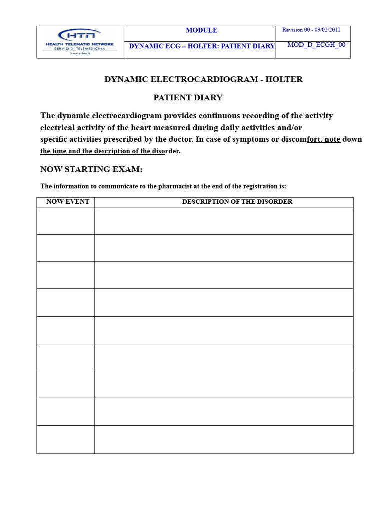 Patient Diary - HOLTER CARDIAC | PDF