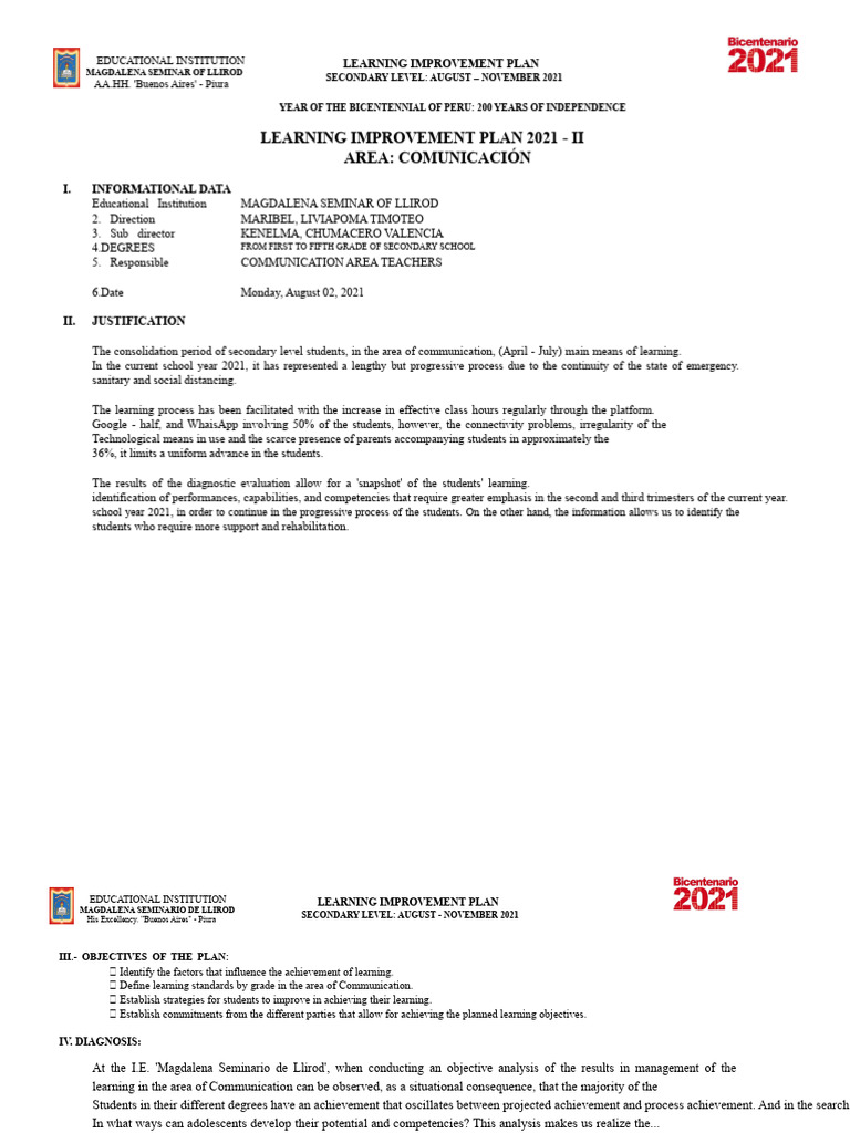 Proposal Improvement Plan Communication Area 2021 - Blank | PDF ...