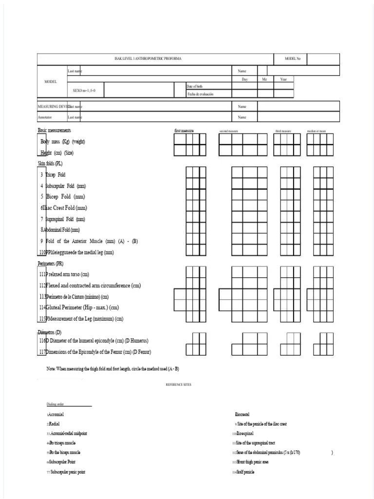 ISAK Level 1 Anthropometric Proforma | PDF | Arm | Hip