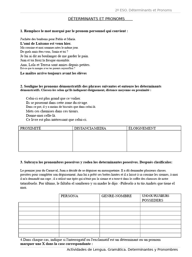 Déterminants et Pronoms en 2º ESO | PDF | Pronom | Syntaxe
