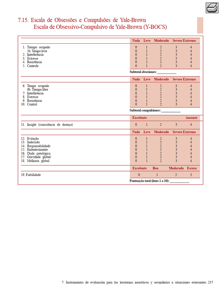 Escala de Obsessões e Compulsões de Yale-Brown | PDF | Transtorno obsessivo compulsivo (TOC ...