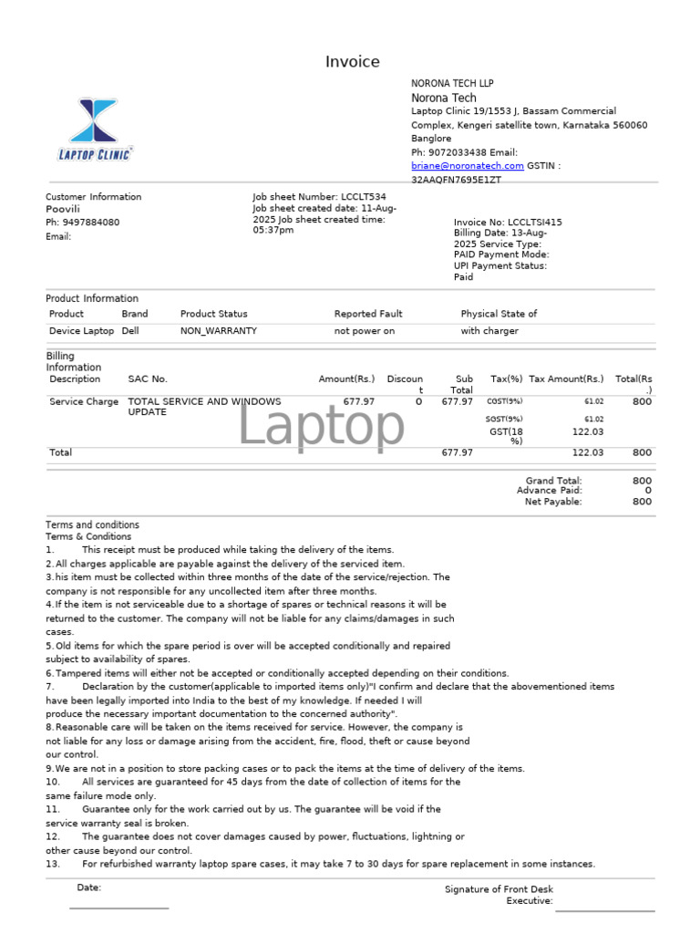 Laptop Repair Invoice for Dell Service | PDF