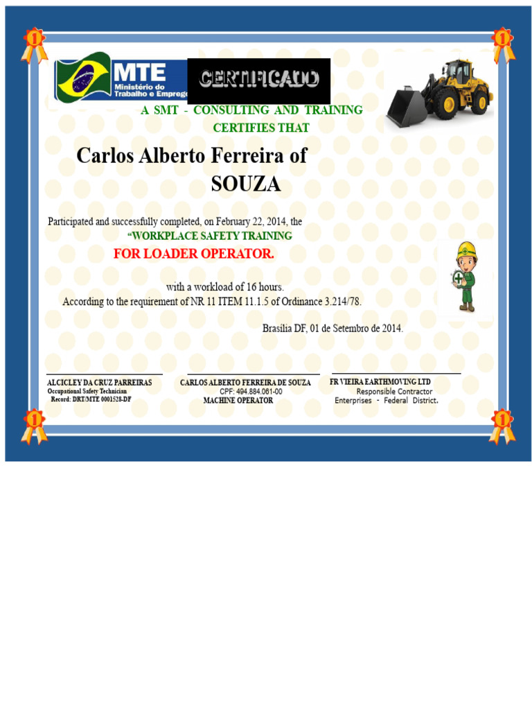Training Certificate NR - 11 Excavator Operator | PDF