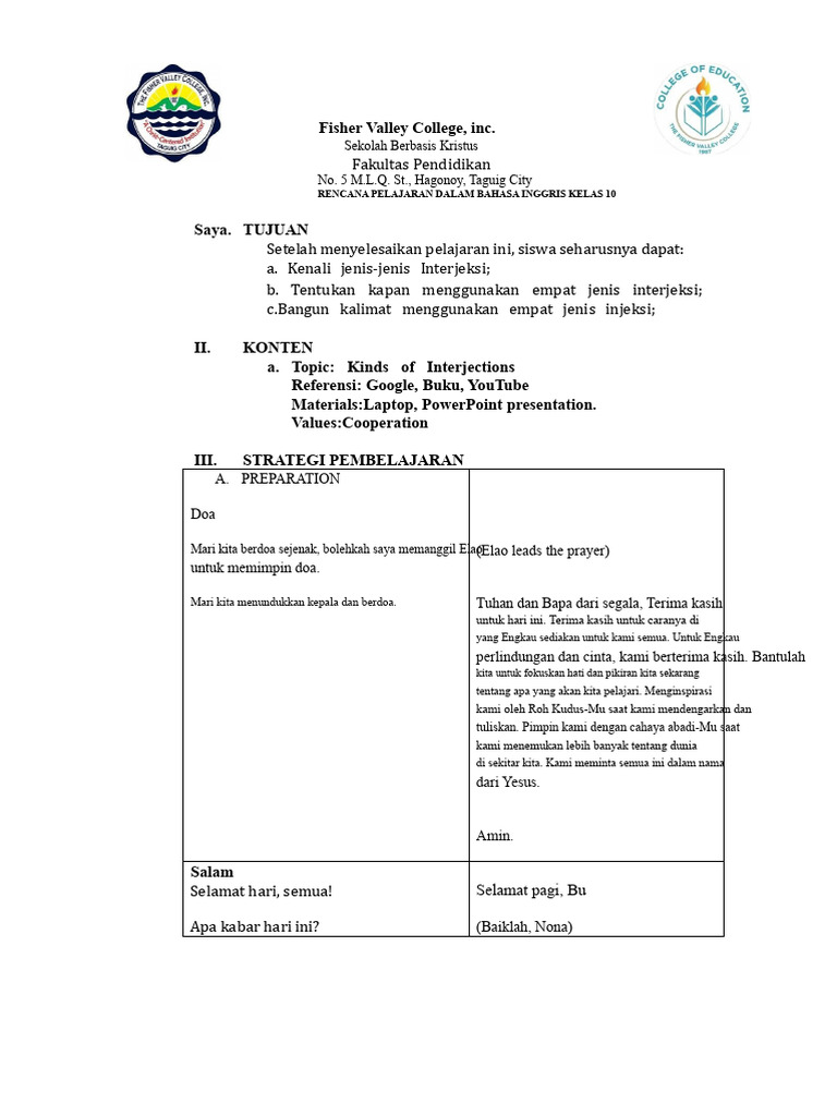 Rencana Pelajaran Interjeksi Kelas 10 | PDF