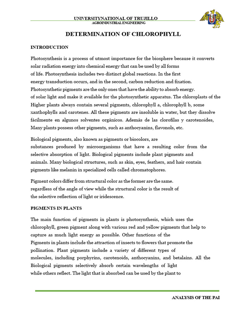 Determination of Chlorophyll | PDF | Photosynthesis | Cellular Respiration