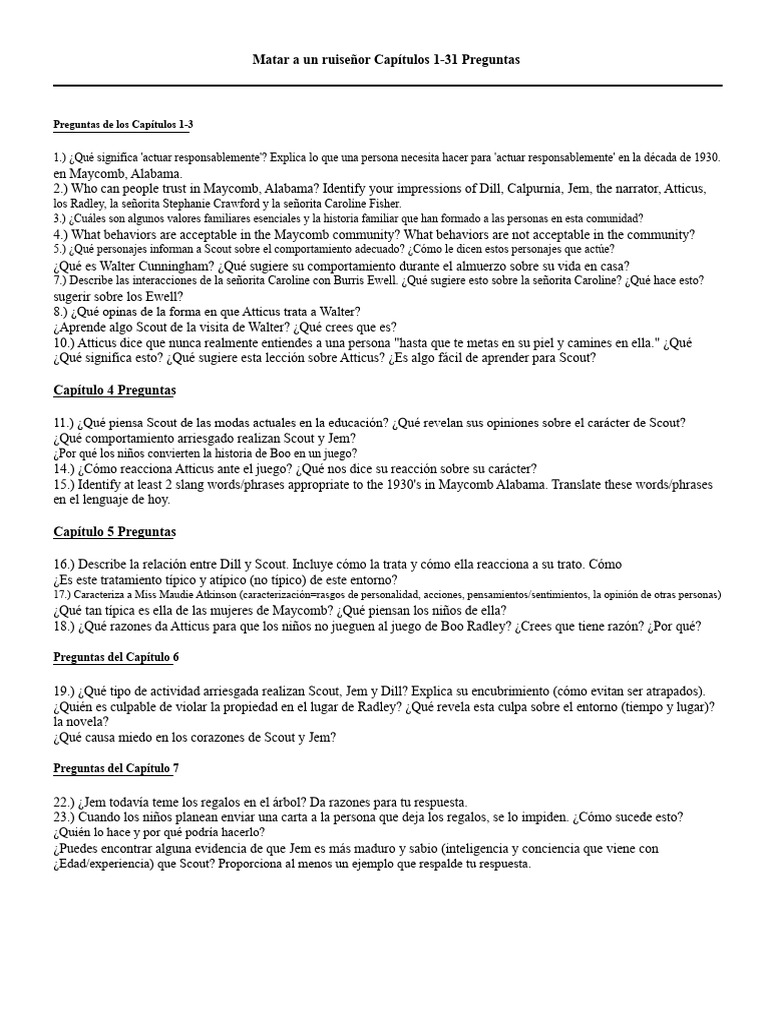 Preguntas de Discusión Por Capítulo Matar Un Ruiseñor | PDF | Matar a ...