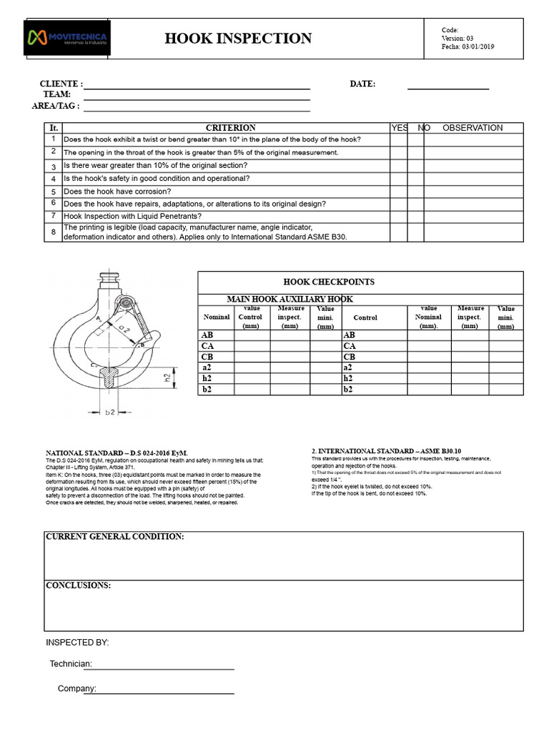 Hook Inspection Checklist and Standards | PDF | Mechanical Engineering