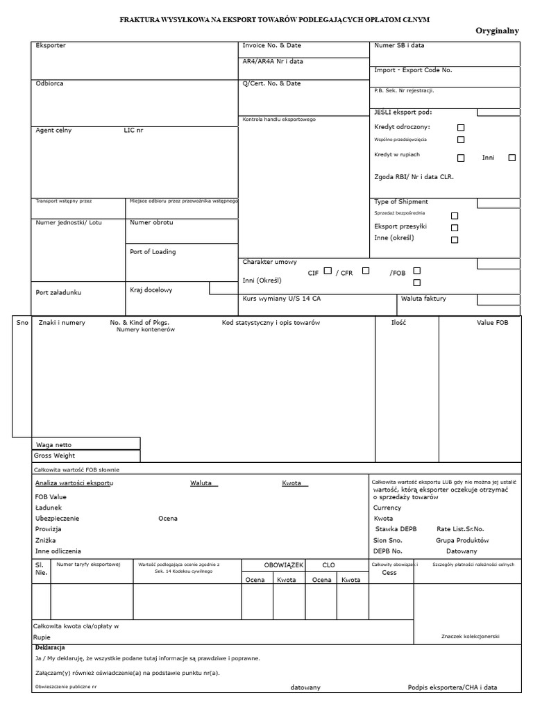 Bill of Export Dla Towarów Podlegających Opodatkowaniu Z Magazynu ...