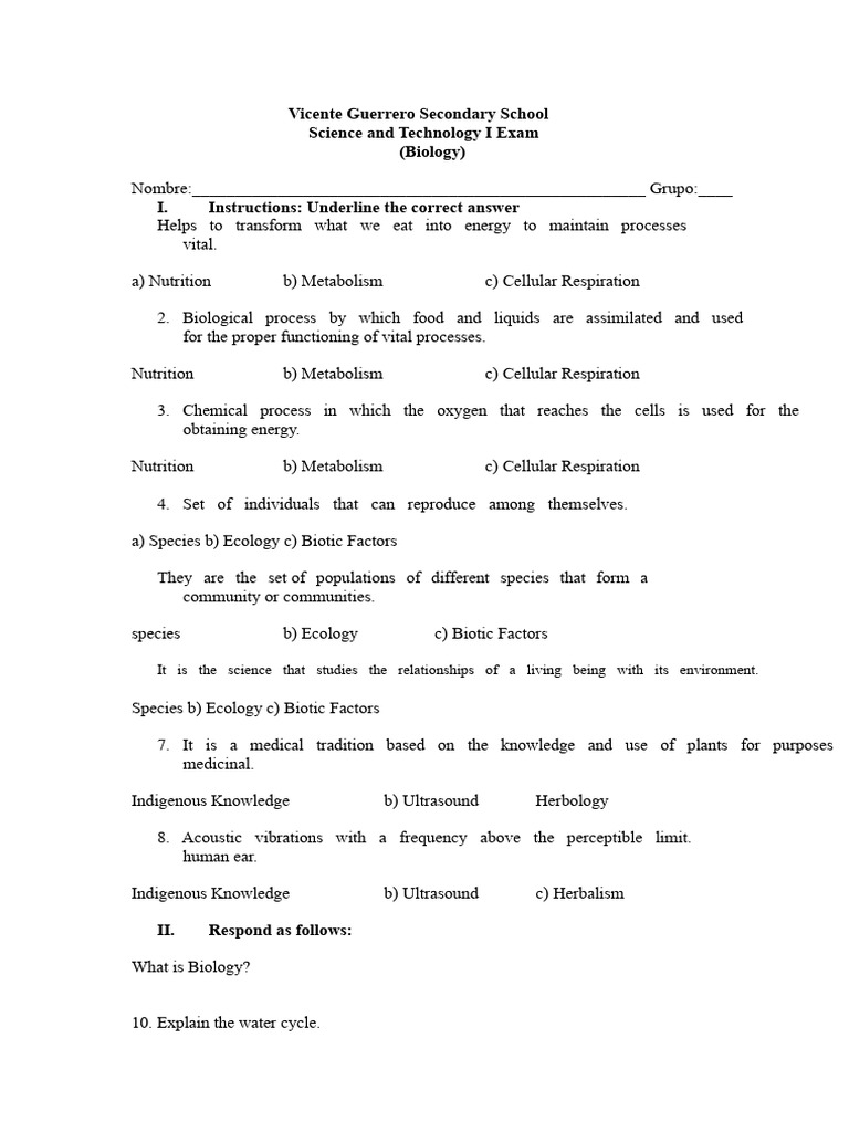 Biology Exam First Bimester | PDF